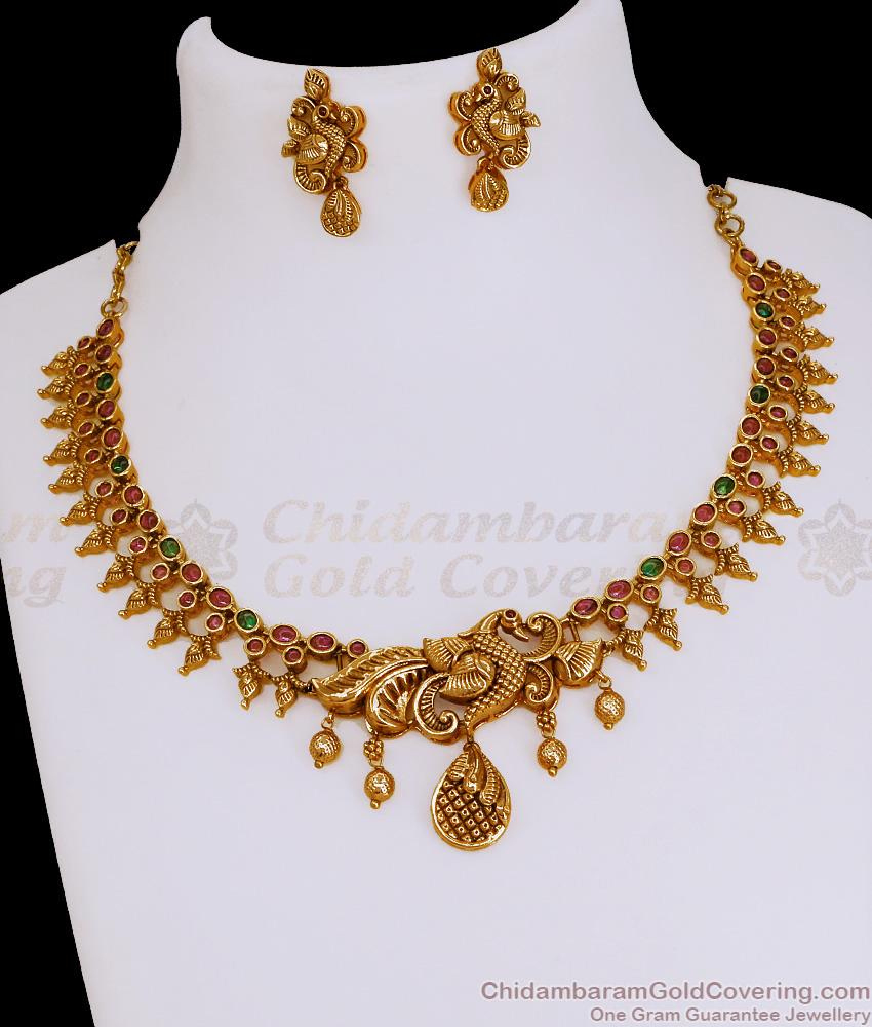 TNL1159 Grand Temple Wear Ruby Green Kemp Stone Necklace Peacock Design ...