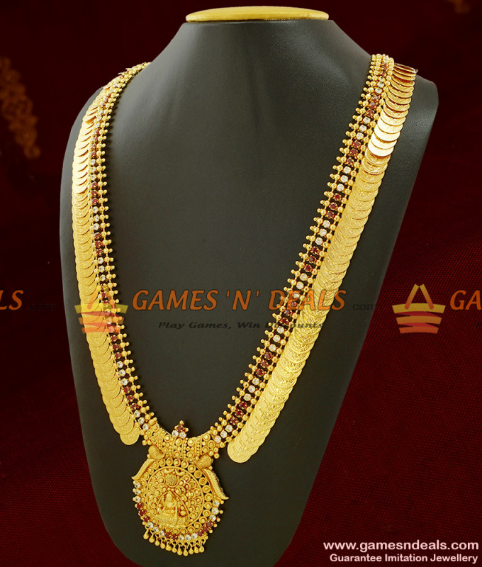 Long Kasu Malai, Ruby Stone Gold Plated Aaram, American Diamond Aaram ...