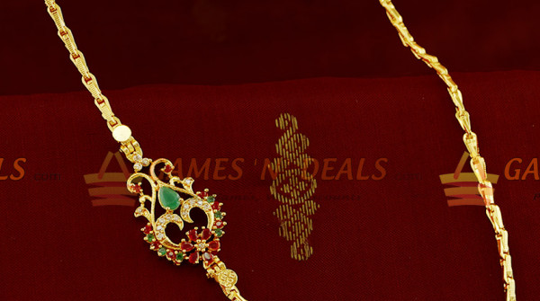 One Gram Gold AD Stone Peacock Mogappu Dollar Daily Wear Thali Saradu Chain